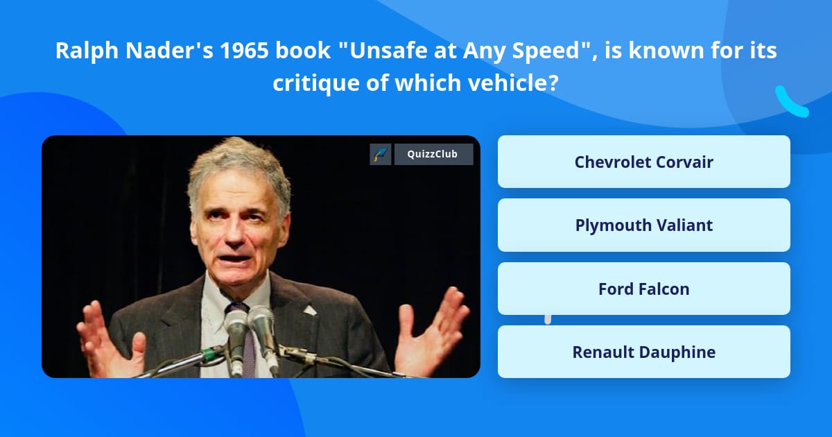 Ralph Nader's 1965 book "Unsafe at... | Trivia Questions | QuizzClub